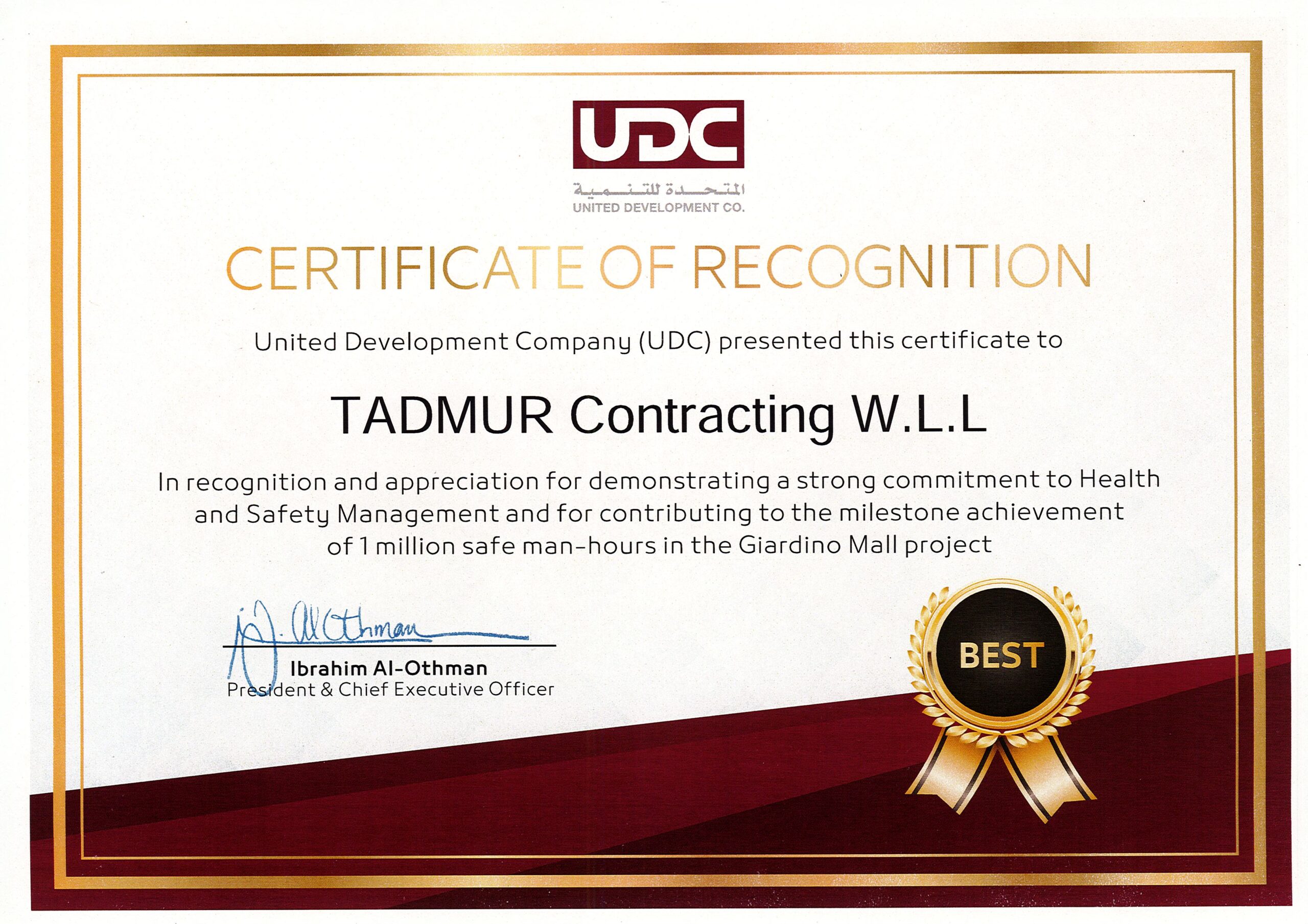 Awards & Certificates – Tadmur Contracting W.L.L